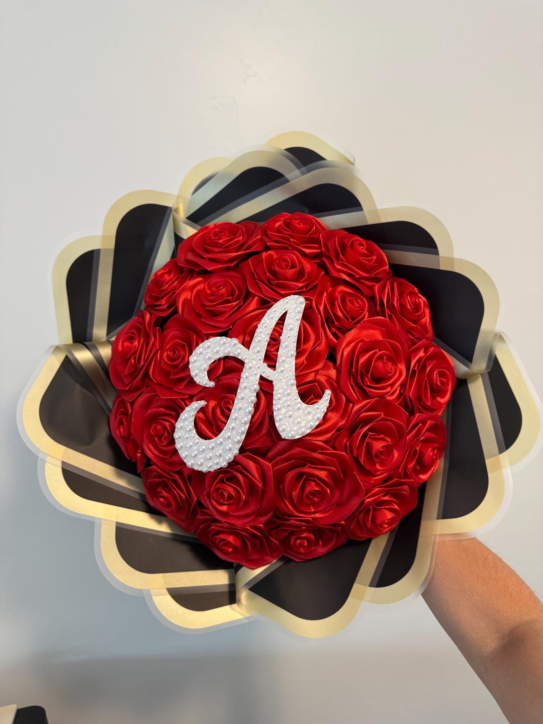 Personalized Eternal Rose Bouquet: Pearl Initial, Custom Ribbon Roses ...