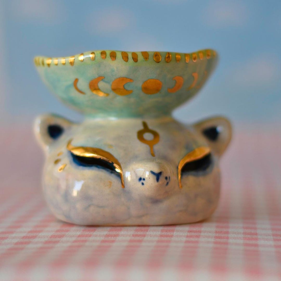 GOLDEN MOON Cycle Cute Kitsune Fox Offering Dish // Handmade Ceramic ...