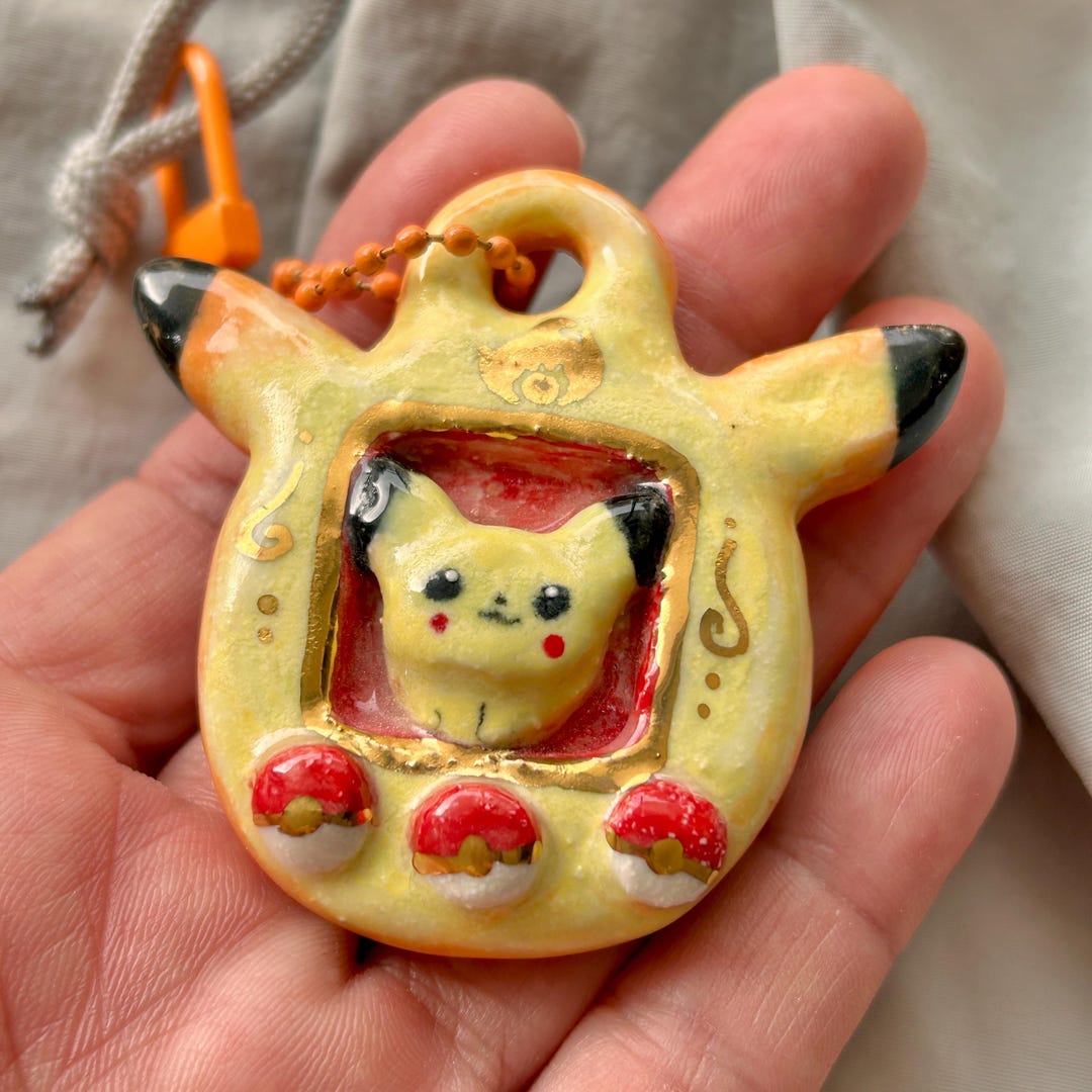 PIKACHU TAMAGOTCHI Ceramic Wearable Art Charm / Porcelain Gift for ...