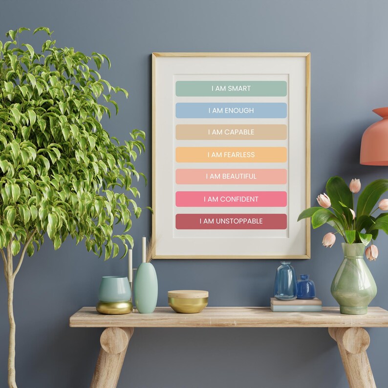 Rainbow Affirmations Wall Art, Affirmations for Kids, I Am Smart ...