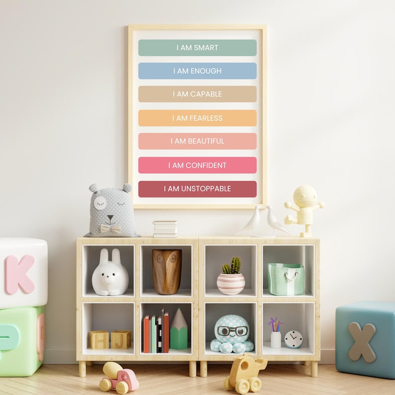 Rainbow Affirmations Wall Art, Affirmations for Kids, I Am Smart ...