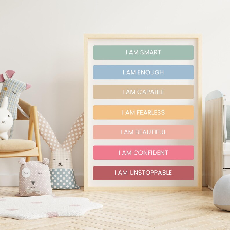 Rainbow Affirmations Wall Art, Affirmations for Kids, I Am Smart ...