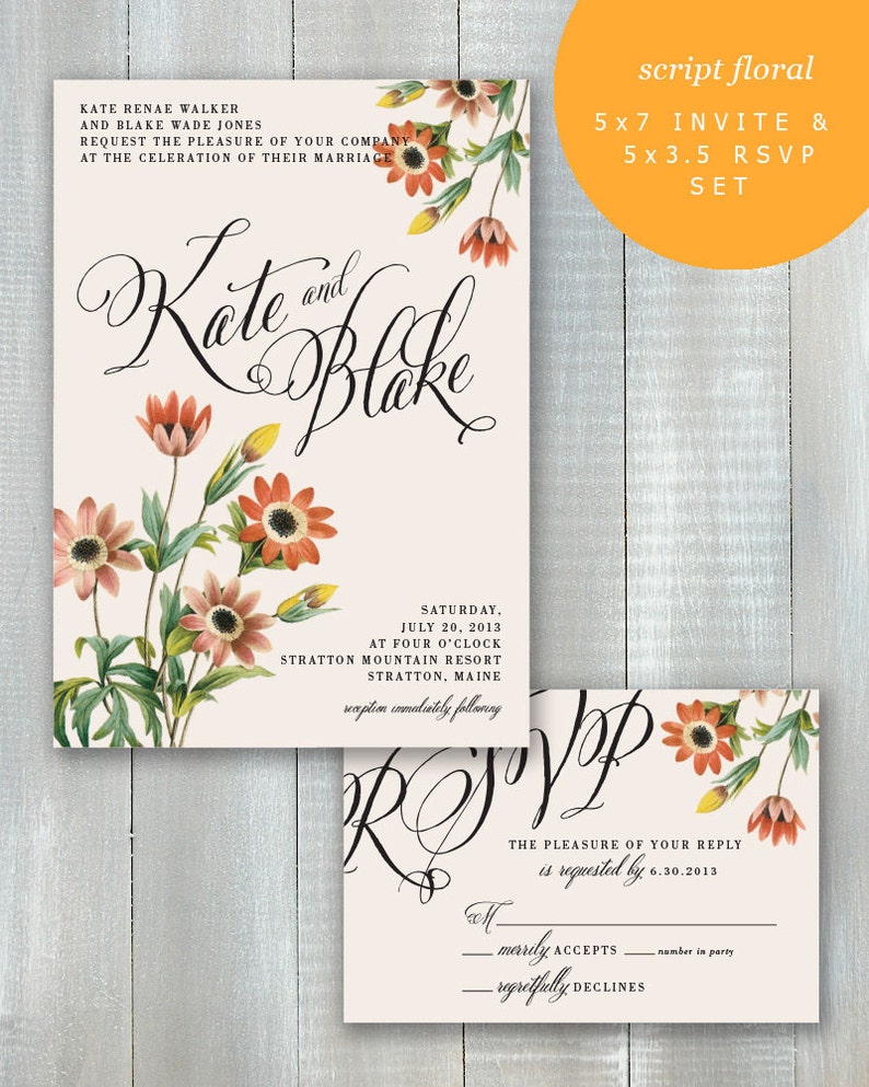 Script Floral PDF Invitation Set - Etsy