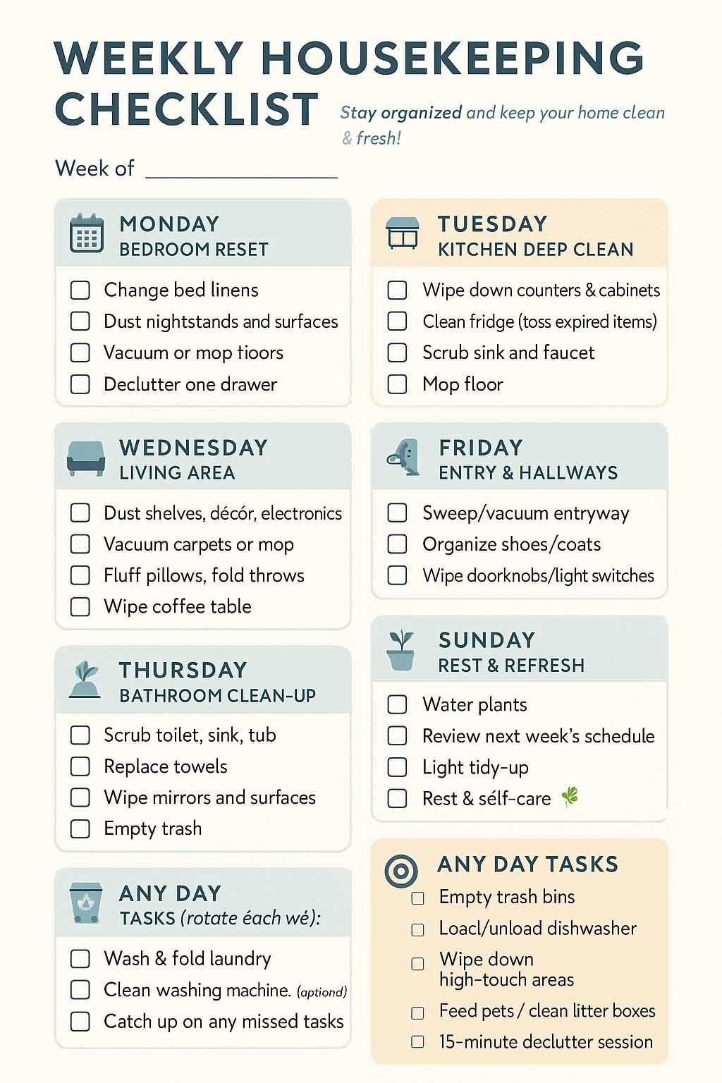 Weekly Housekeeping Checklist, Printable Cleaning Schedule, A4 PDF ...