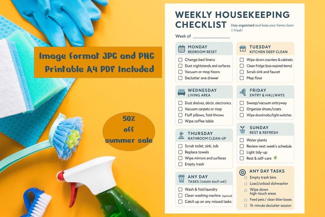 Weekly Housekeeping Checklist, Printable Cleaning Schedule, A4 PDF ...