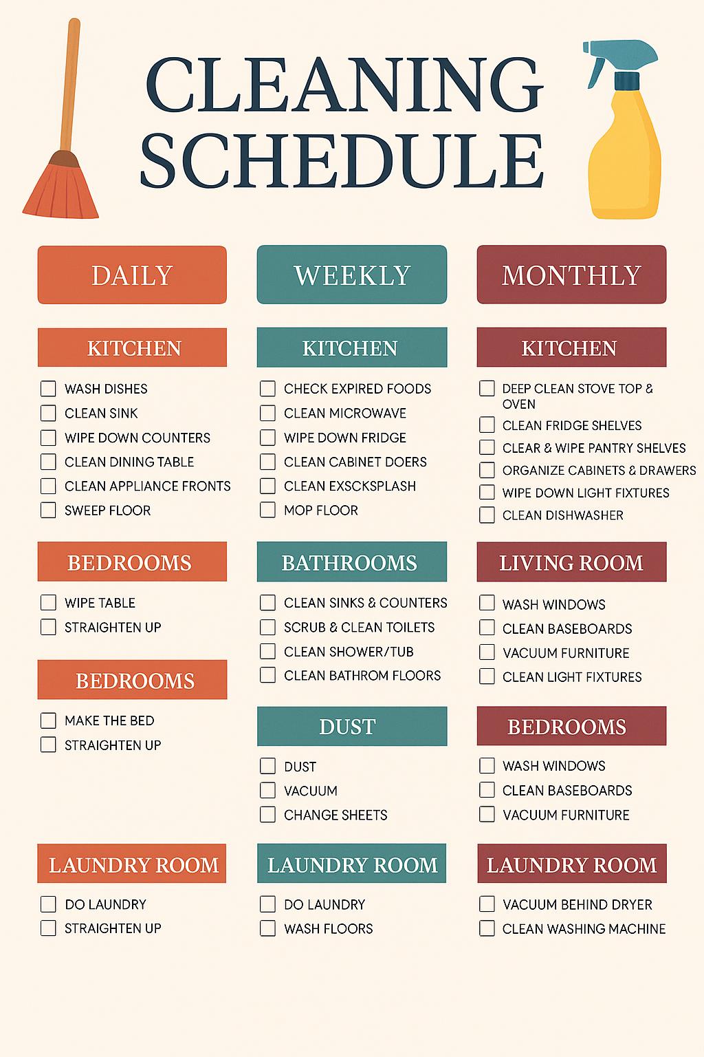 Cleaning Schedule, Housekeeping Checklist, Daily Cleaning Chart, Weekly ...