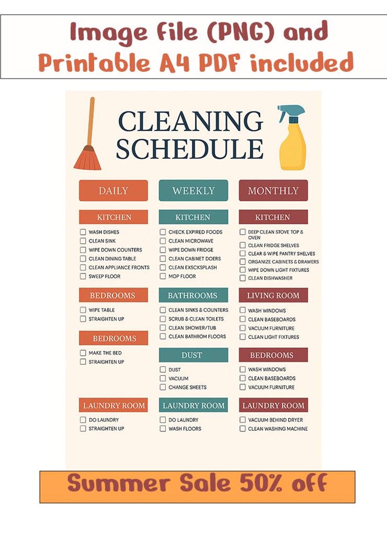 Printable Cleaning Schedule, Printable PDF A4 Size Chore Chart, Daily ...