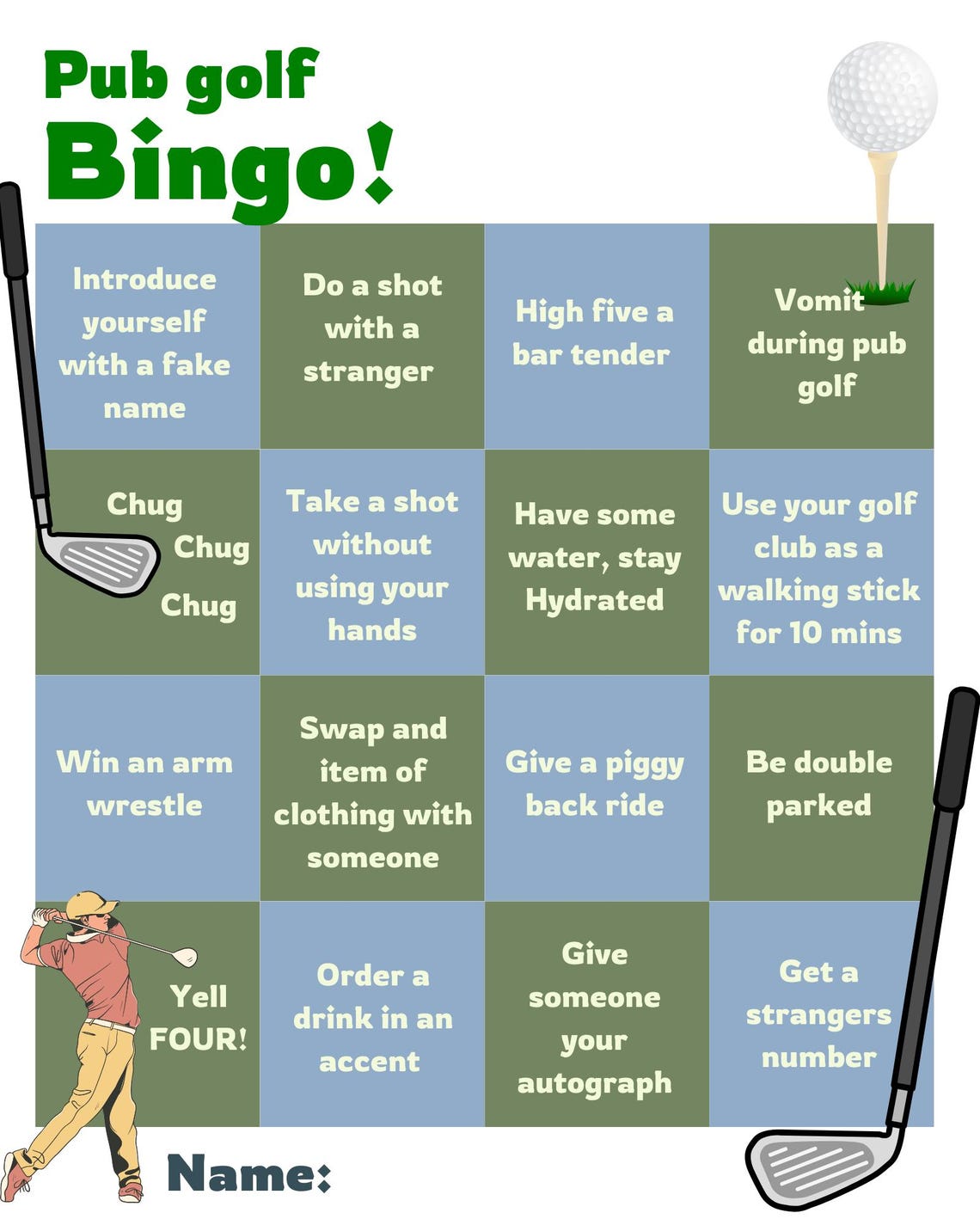 Pub Golf Bingo Card - Etsy
