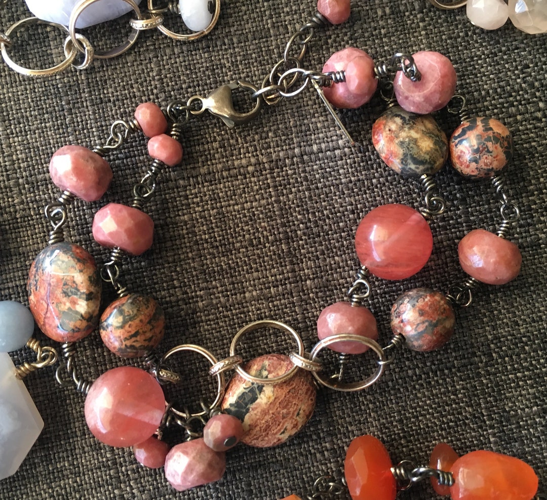 Chunky Pink Rhodonite and Leopard Jasper With Sterling Silver Bracelet ...