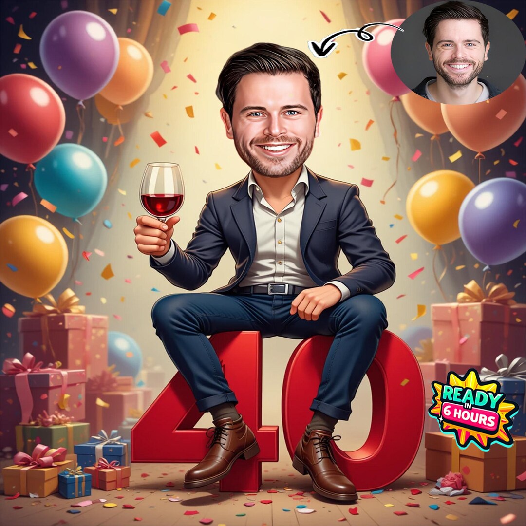 40th Birthday Caricature Gift: Custom Photo to Cartoon (digital File ...