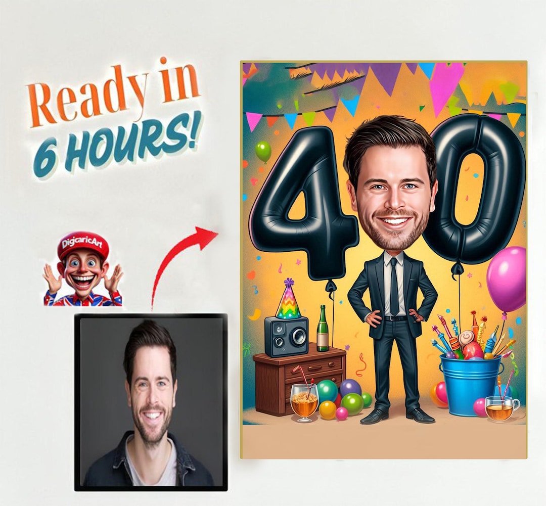 Custom 40th Cartoon Portrait | 40th Caricature | Personalized Happy ...