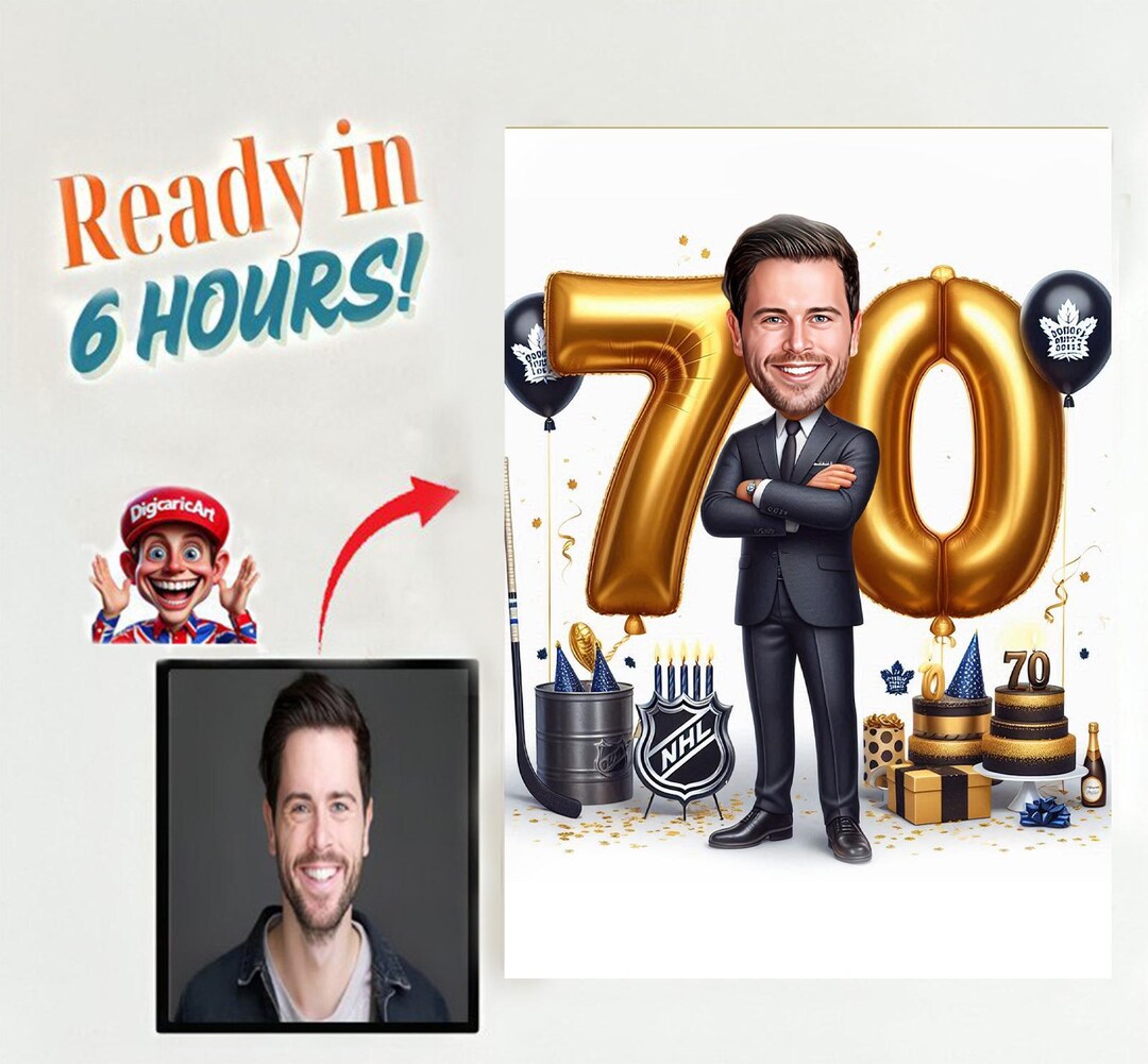 Custom 70th Birthday Caricature Portrait: Personalized Cartoon (digital ...