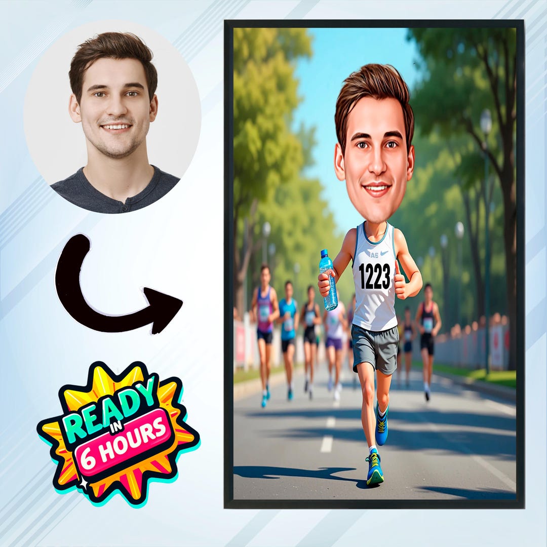 Custom Runner Caricature Portrait | Marathon Runner Gift | Personalized ...