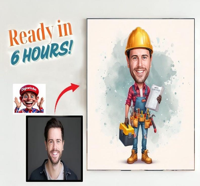 Custom Construction Cartoon Portrait: Personalized Caricature Gift ...