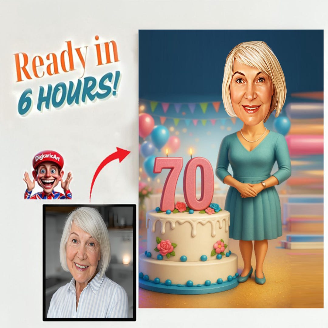 Custom 70th Birthday Caricature Portrait: Personalized Cartoon (digital ...