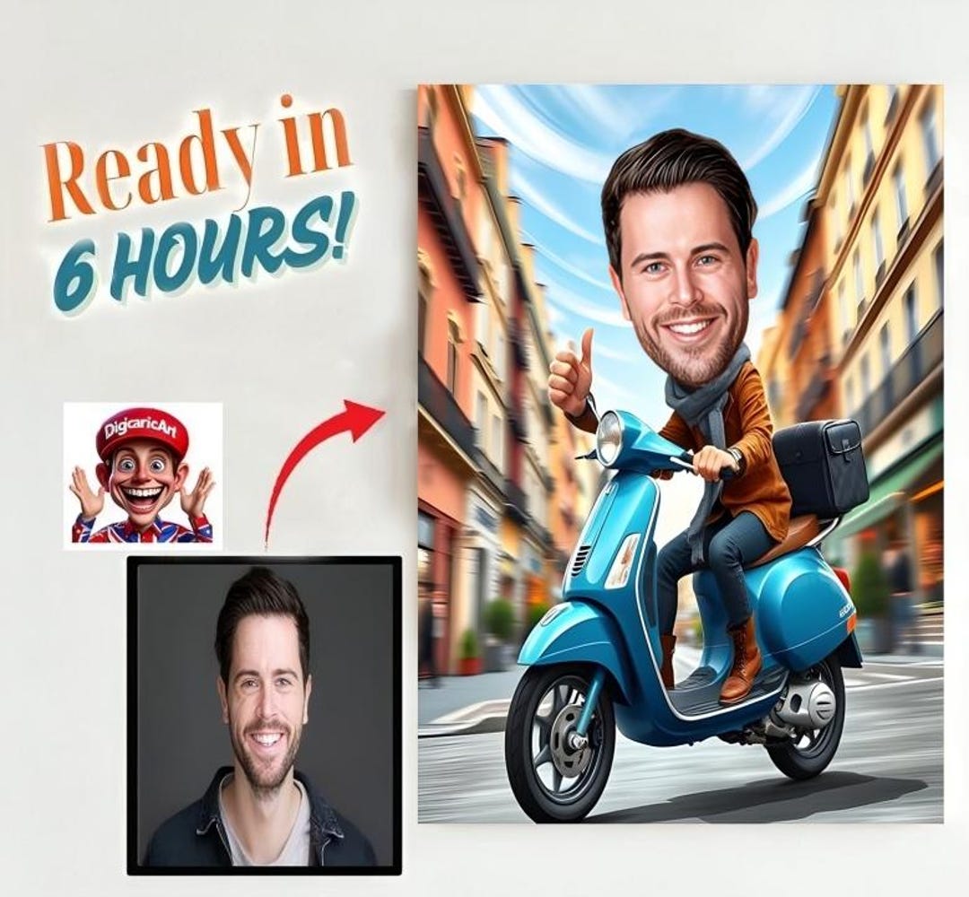 Custom Scooter Cartoon Portrait – Personalized Vespa Caricature Drawing ...