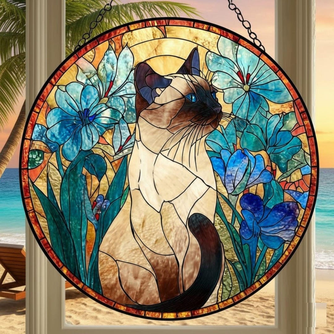 Siamese Cat Stained Glass Suncatcher, Art Nouveau Floral Art, Blue Cat ...