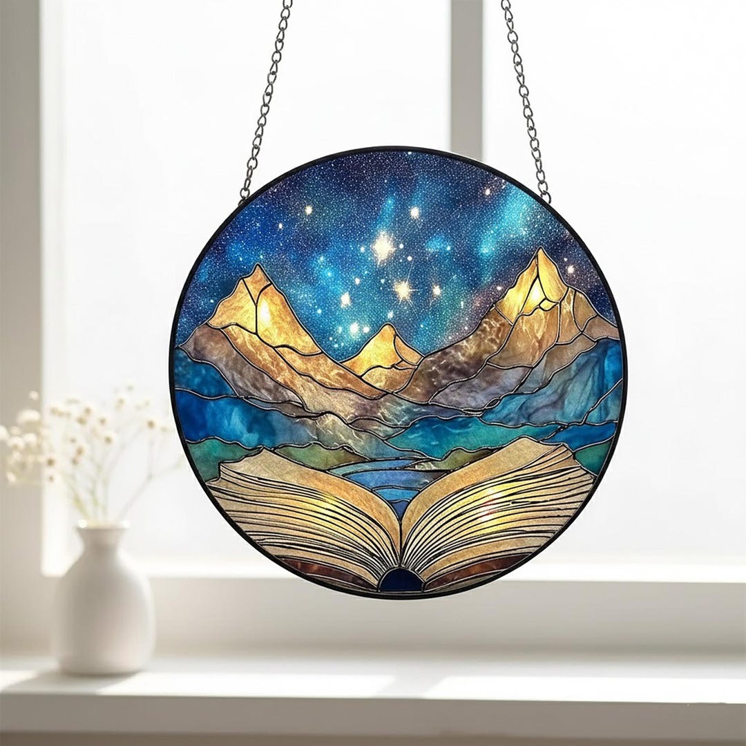 Stained Glass Book Suncatcher Starry Mountain Window Art, Book Lover ...