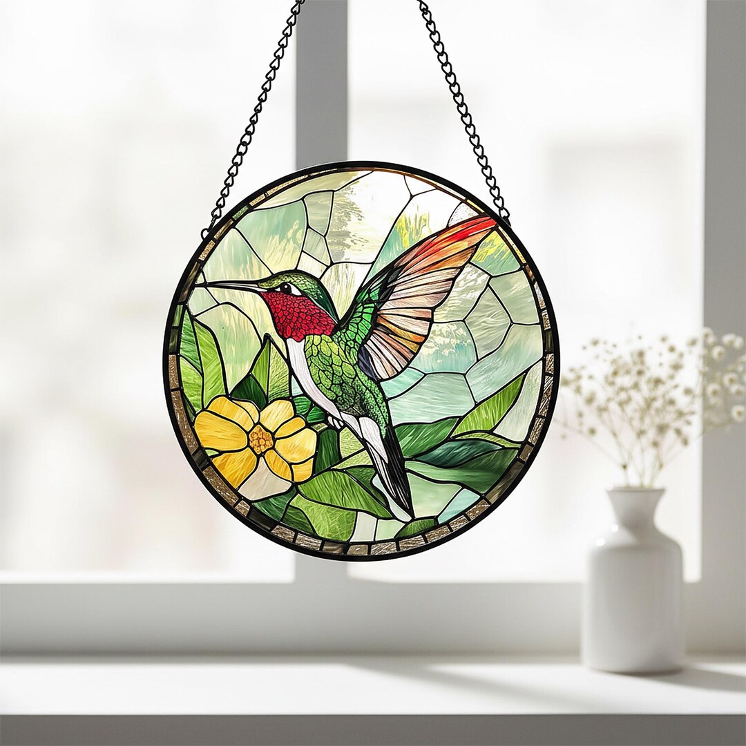 Ruby-red Bird Suncatcher, Stained Glass Window Hanging, Green ...
