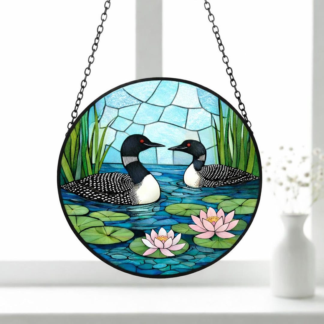 Loon Couple Stained Glass Suncatcher, Wildlife Bird Window Hanging ...