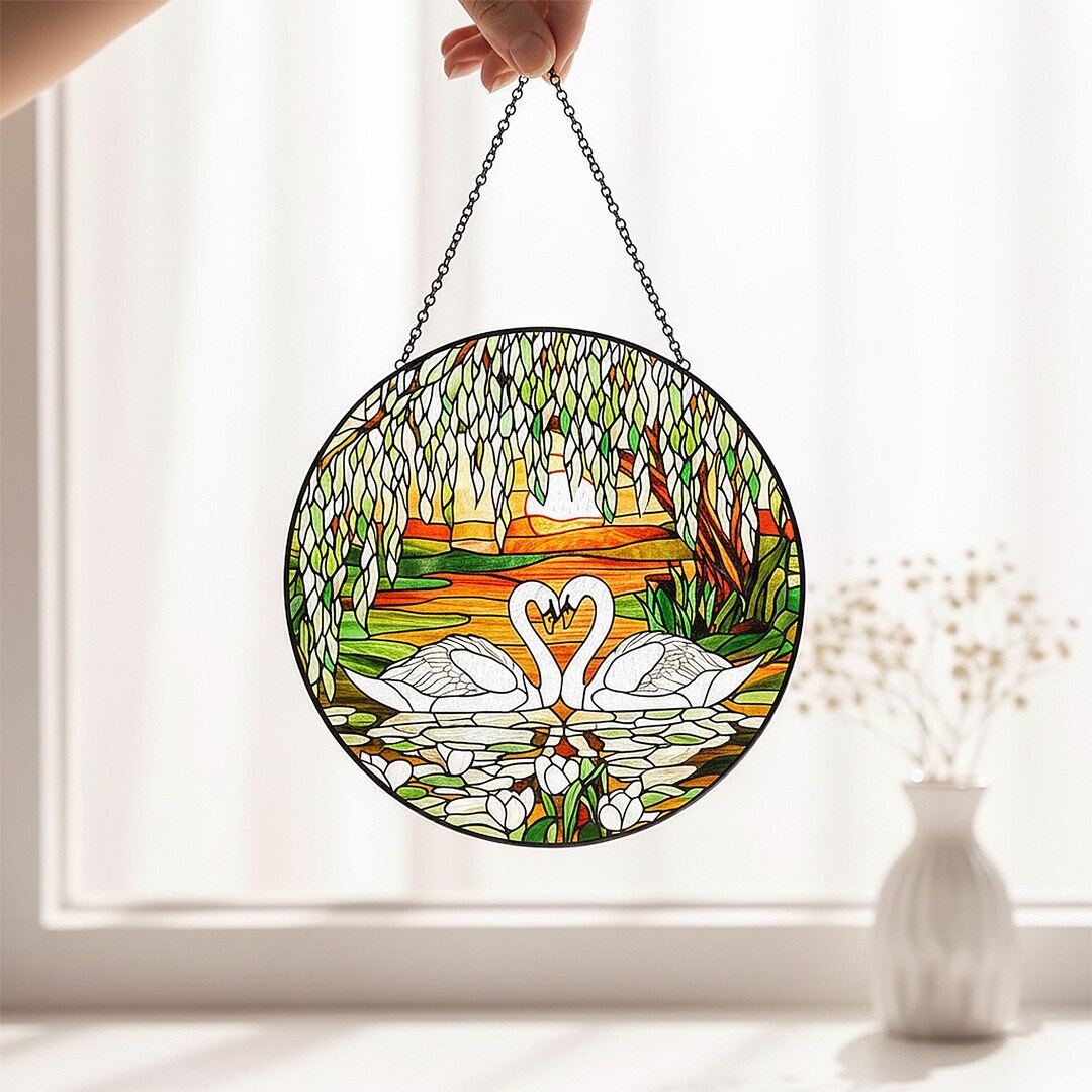 Romantic Swan Glass Suncatcher, Weeping Willow and Sunset Window ...