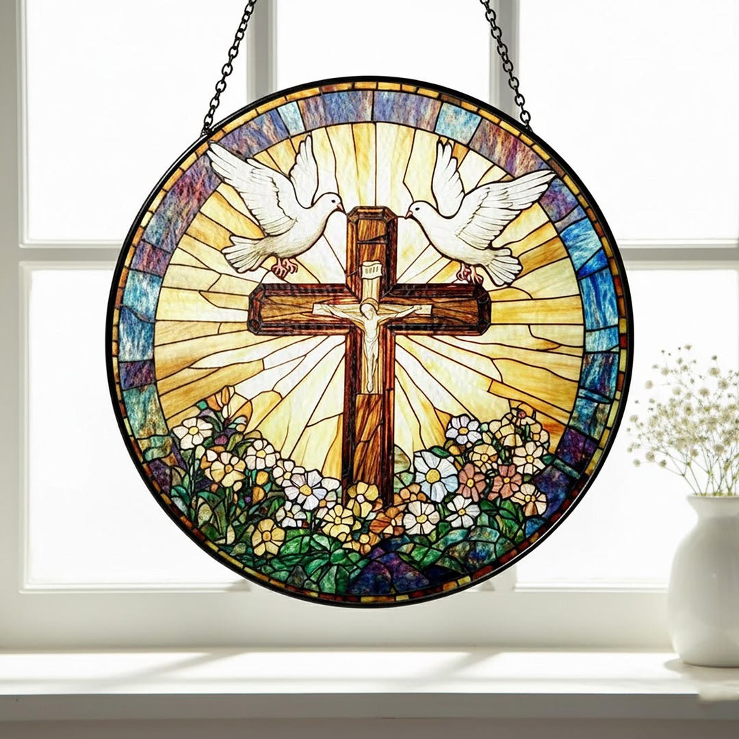 Stained Glass Cross and Wildflowers Window Decorations, Christian Home ...