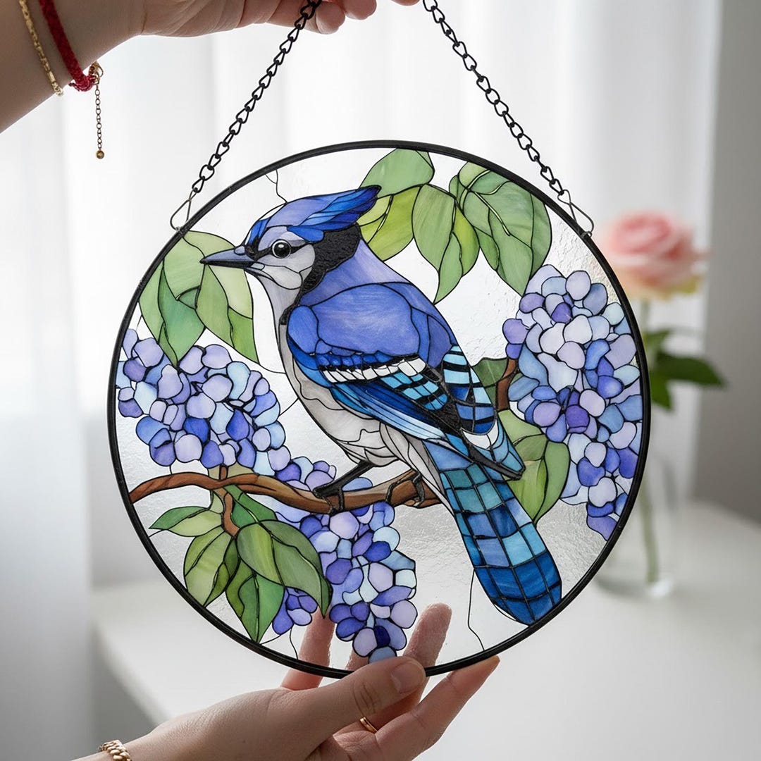 Blue Jay Hydrangea Stained Glass Suncatcher, Round Bird Window Panel ...