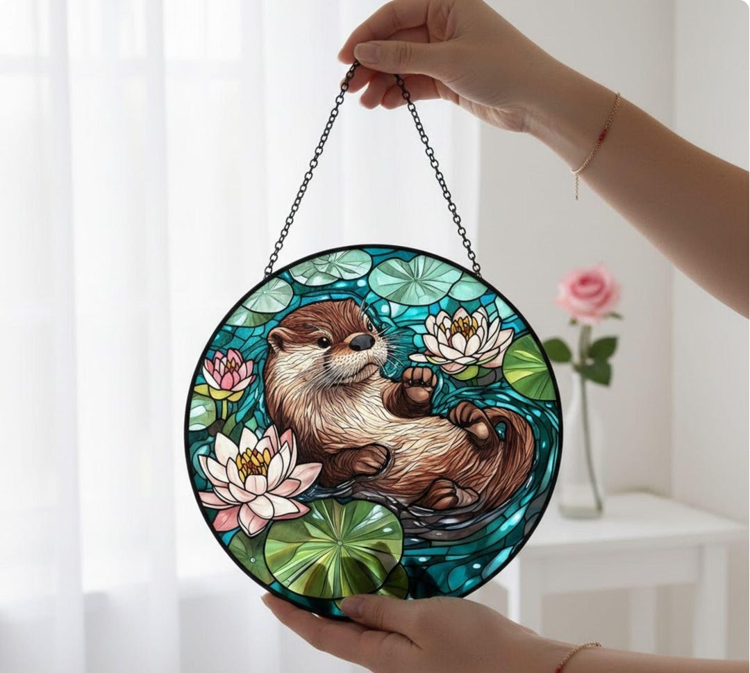 Swimming Otter Stained Glass Suncatcher, Otter Window Hanging, Gift for ...