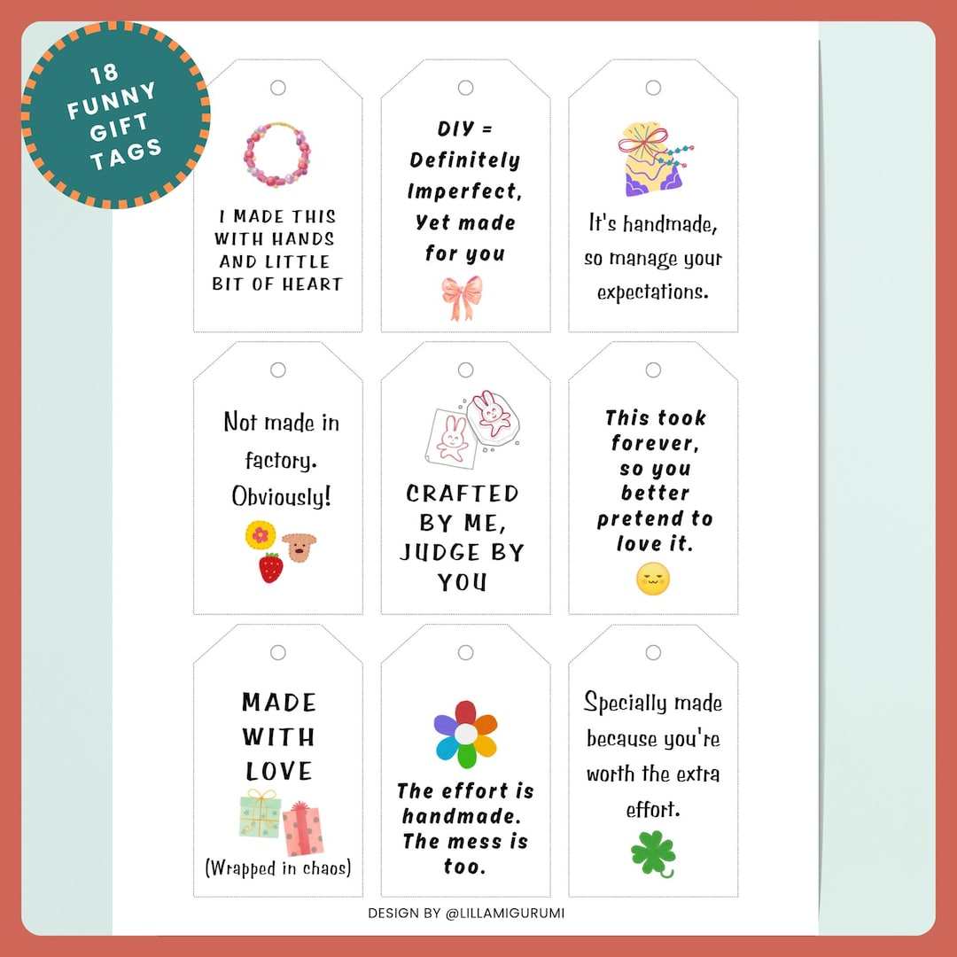 18 Funny Handmade Gift Tags Printable PDF Instant Download Silly ...