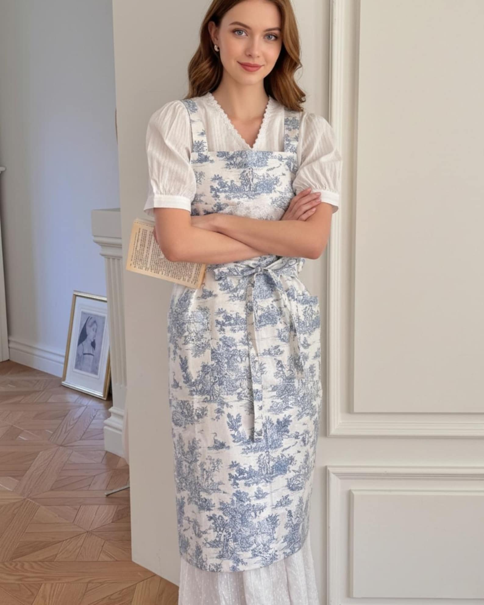 Toile De Jouy Linen Apron: Waterproof Black & Blue, Elegant Design - Etsy