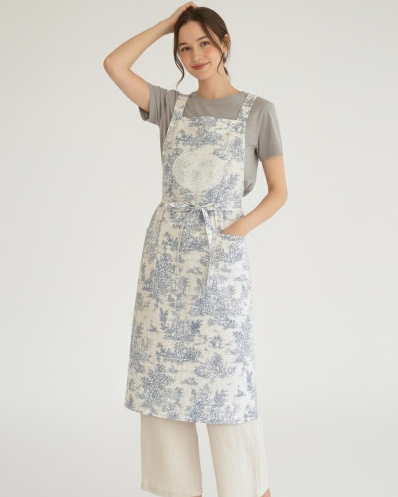 Velouving Toile De Jouy Linen Apron Blue - Etsy