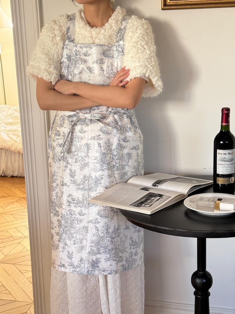 Toile De Jouy Linen Apron: Waterproof Black & Blue, Elegant Design - Etsy