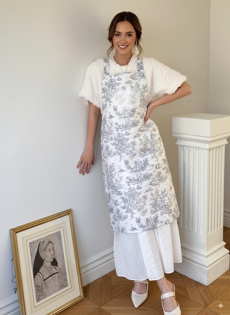 Toile De Jouy Linen Apron: Waterproof Black & Blue, Elegant Design - Etsy