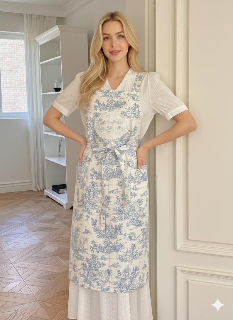 Toile De Jouy Linen Apron: Waterproof Black & Blue, Elegant Design - Etsy
