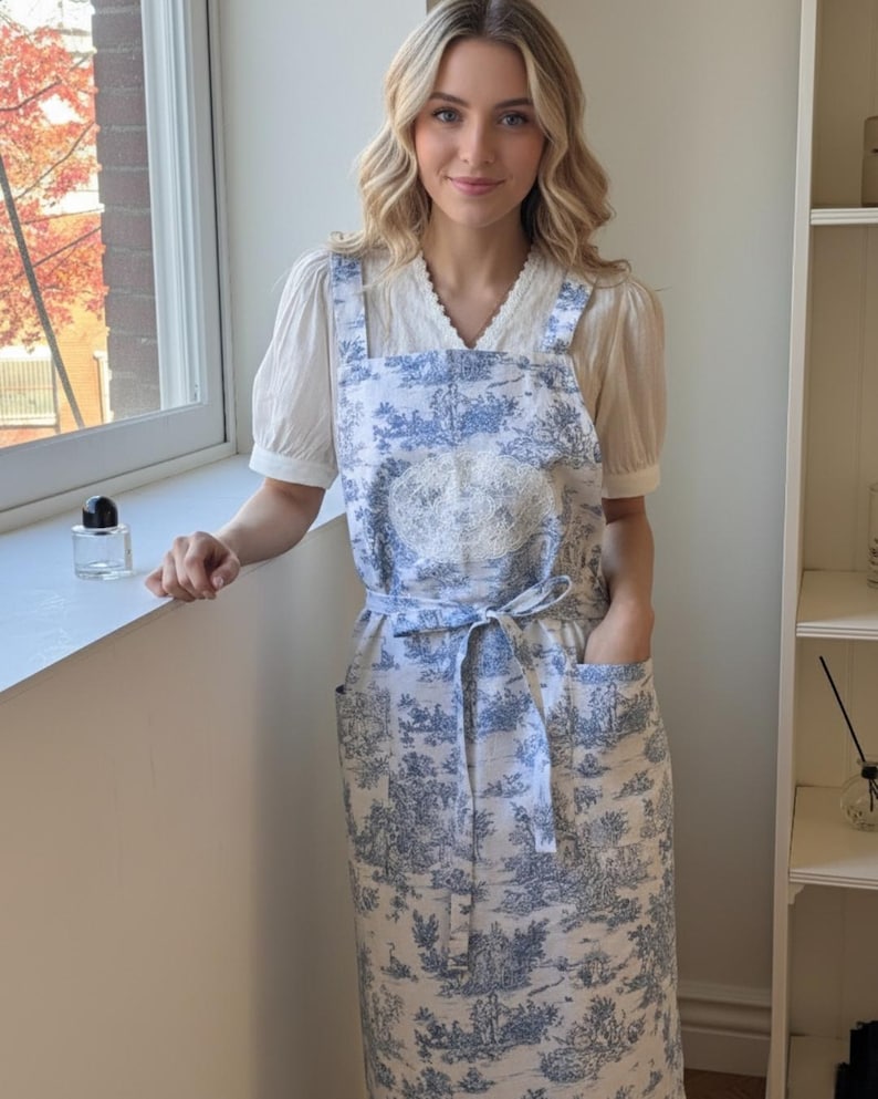 Toile De Jouy Linen Apron: Waterproof Black & Blue, Elegant Design - Etsy