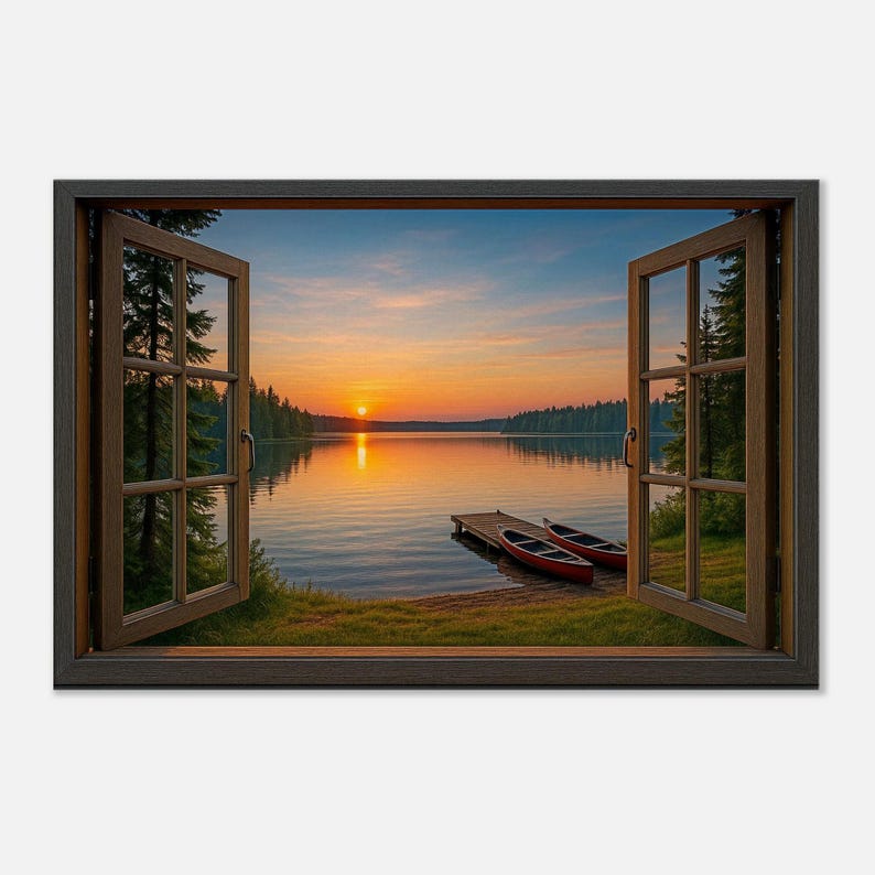 Lake Sunset Canvas Print: Window View With Canoes - Etsy