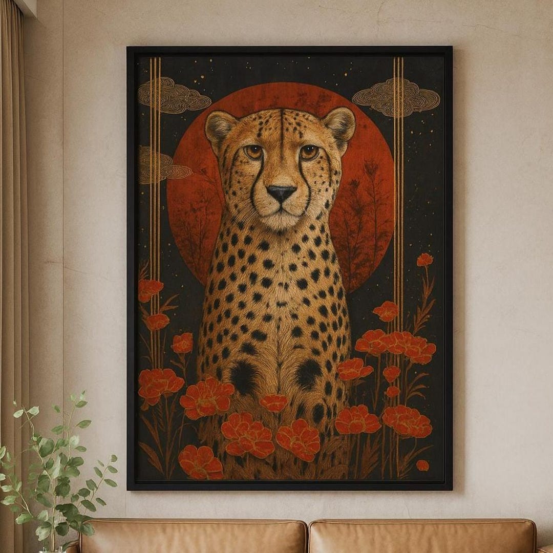 Golden Cheetah Under Red Moon Framed Canvas | Wildlife Art | Vintage ...
