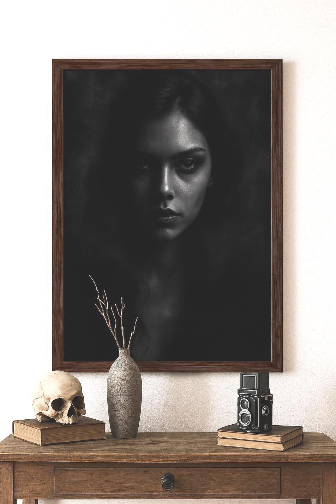 Gothic Female Portrait: Black and White Framed Canvas Wall Art - Etsy