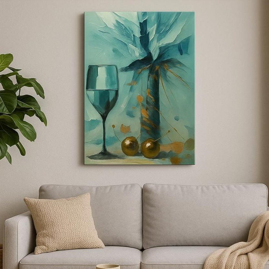 Twilight Bloom | Abstract Still Life With Wine Glass & Cherries in Cool ...