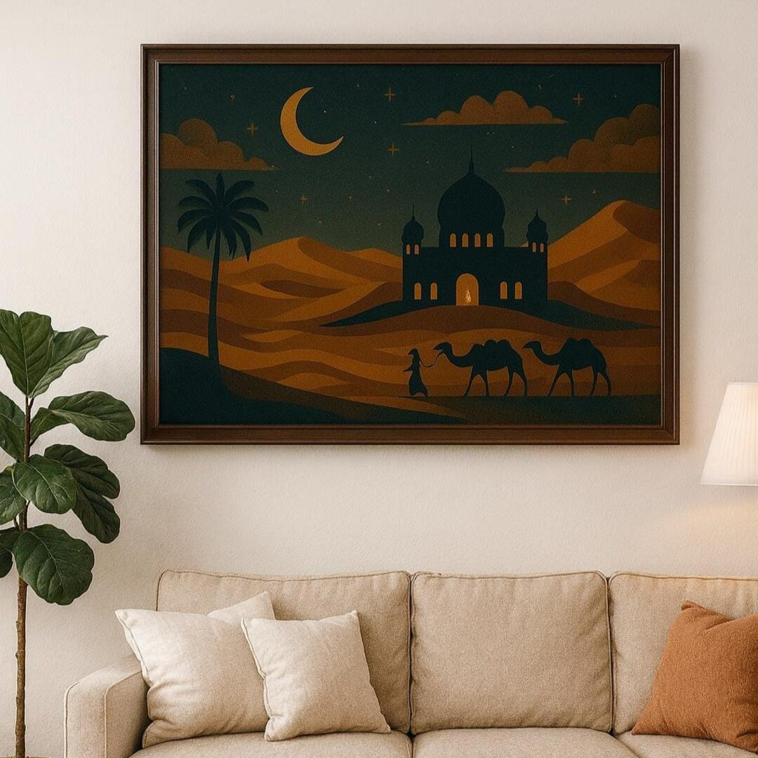 Desert Nightscape Canvas Art: Crescent Moon Camel Caravan - Framed Wall ...