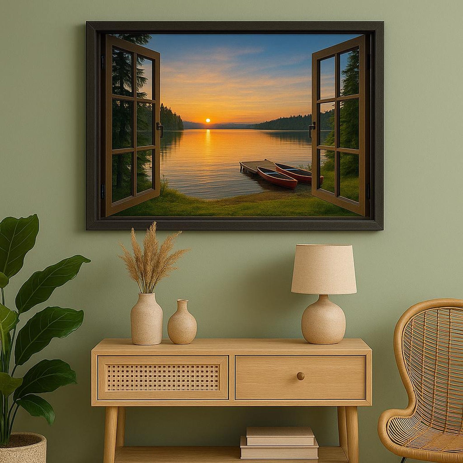Lake Sunset Canvas Print: Window View With Canoes - Etsy