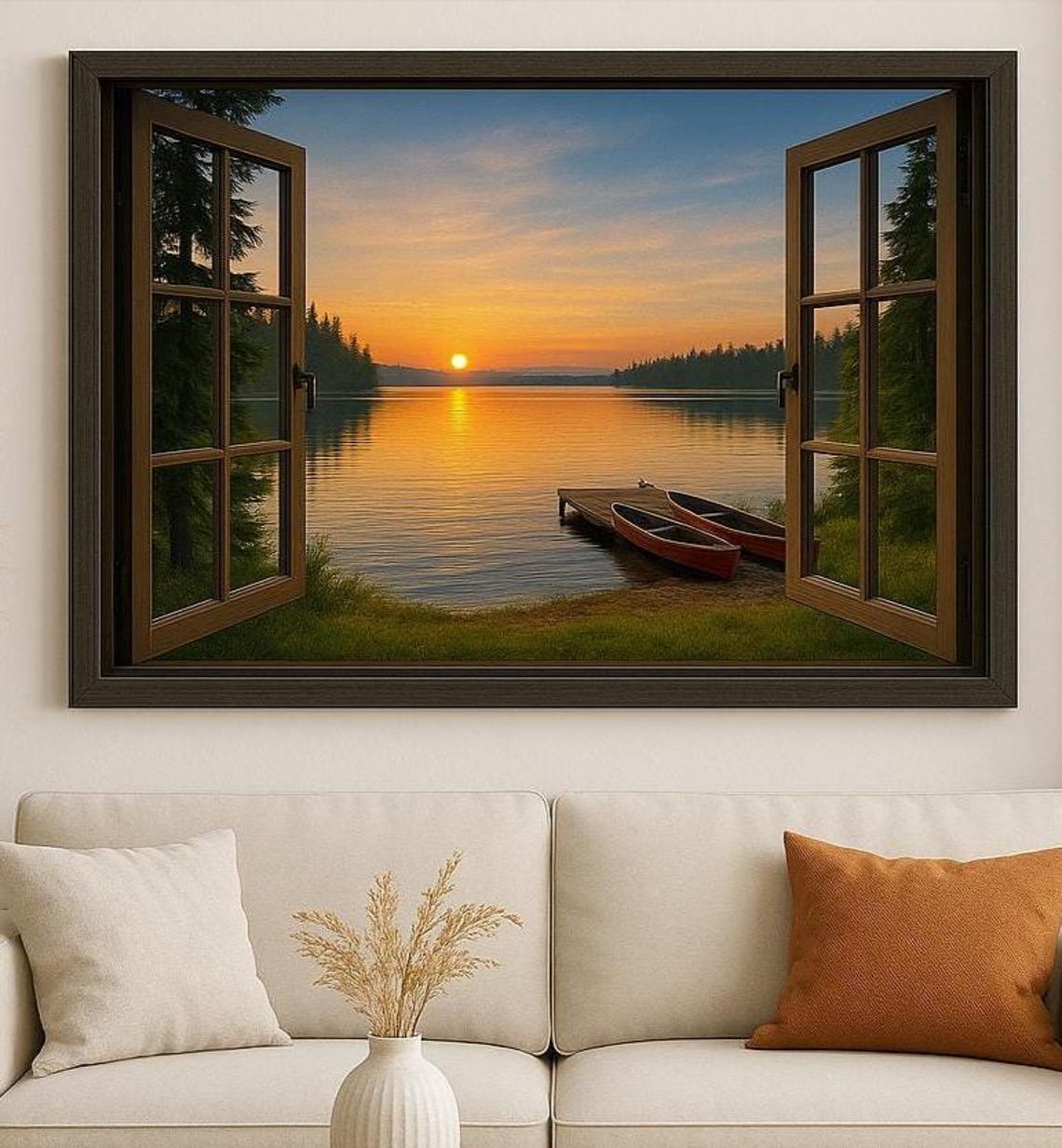 Lake Sunset Canvas Print: Window View With Canoes - Etsy