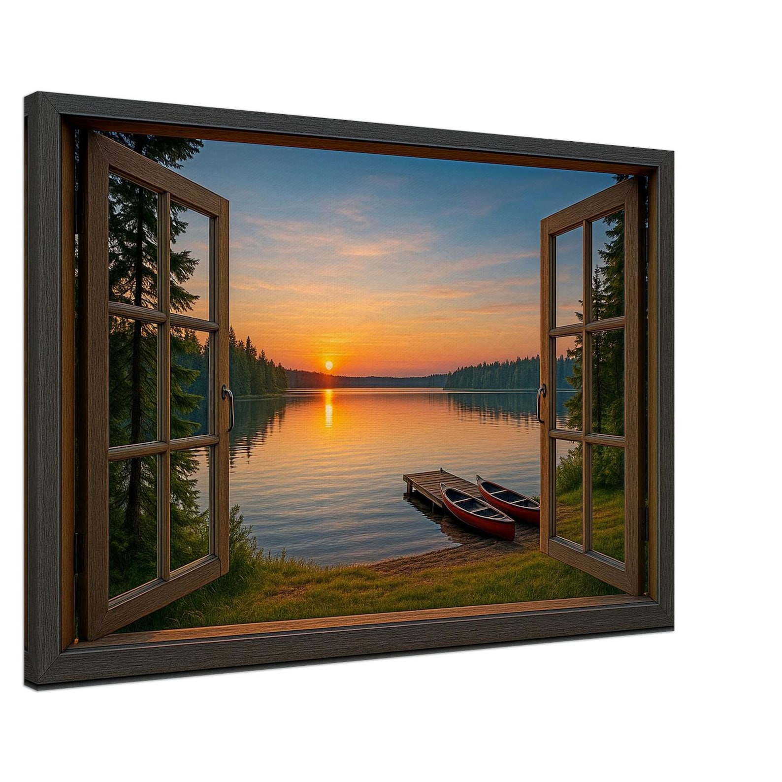 Lake Sunset Canvas Print: Window View With Canoes - Etsy