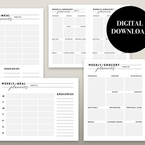 Minimalist Modern Printable Weekly Meal and Grocery Planner - Black and ...