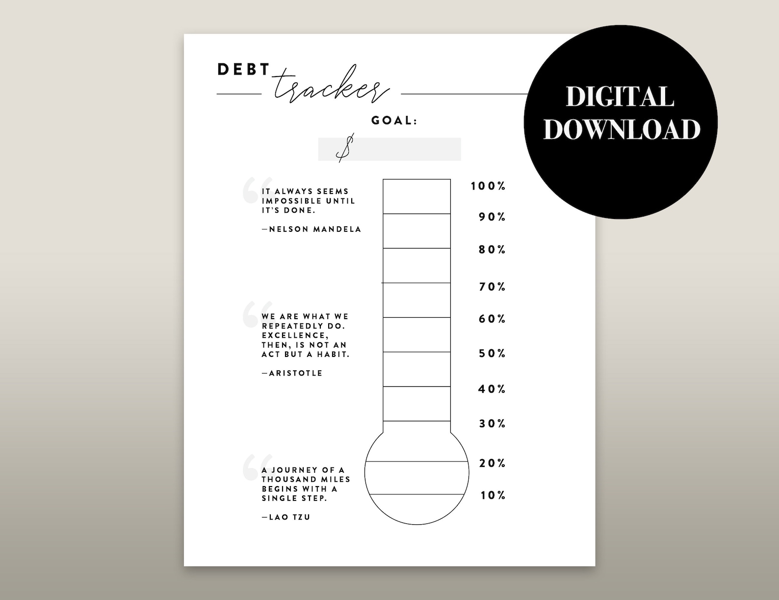Minimalist Modern Printable Debt Tracker Thermometer - Black and White ...