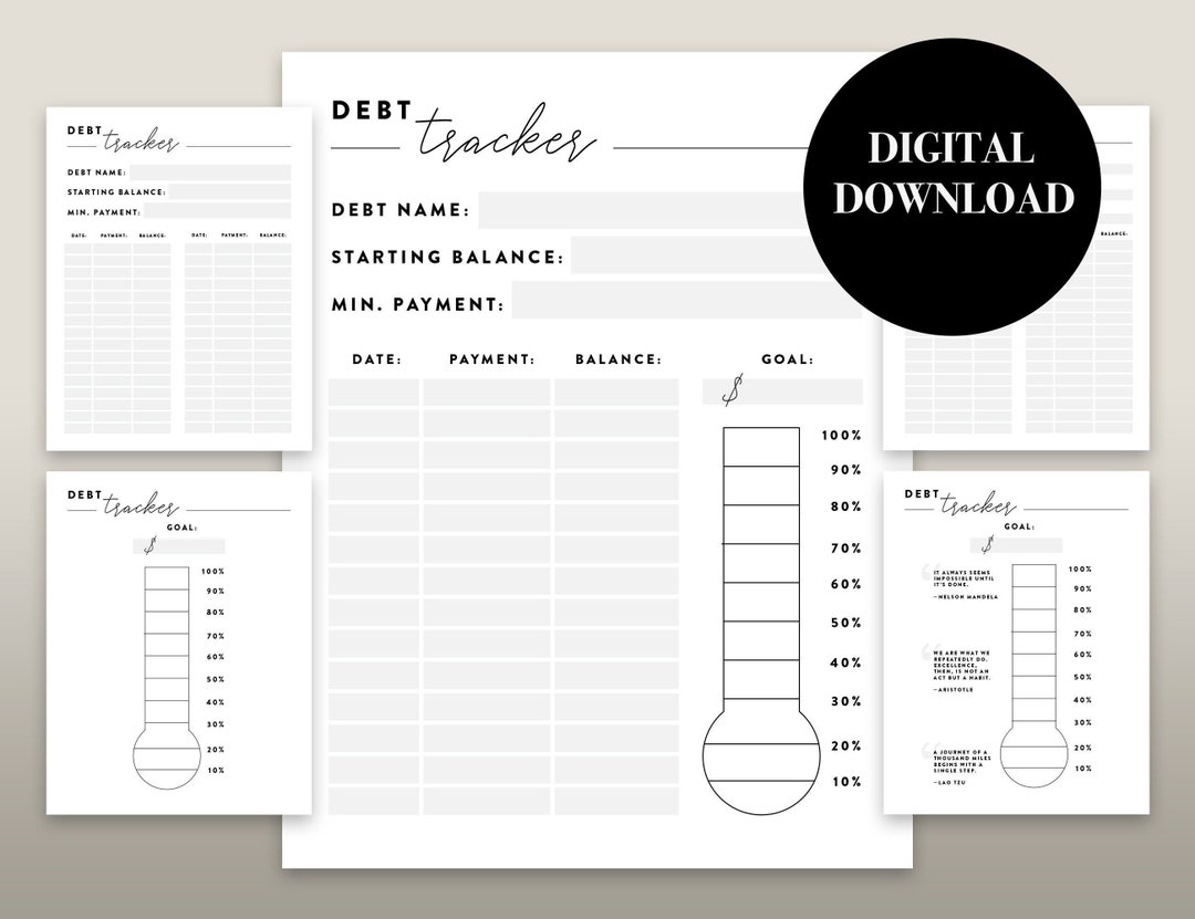 Minimalist Modern Printable Debt Tracker Thermometer - Black and White ...