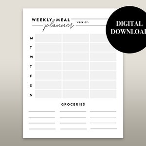 Minimalist Modern Printable Weekly Meal and Grocery Planner - Black and ...