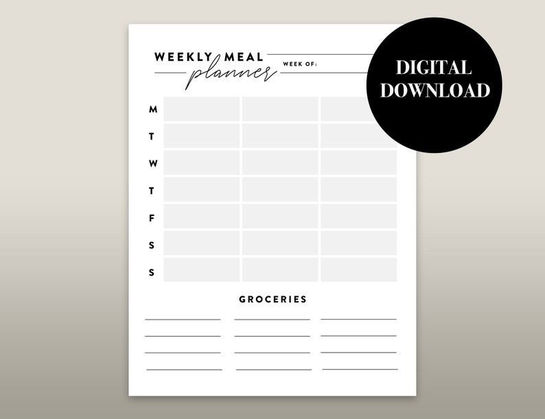 Minimalist Modern Printable Weekly Meal and Grocery Planner - Black and ...