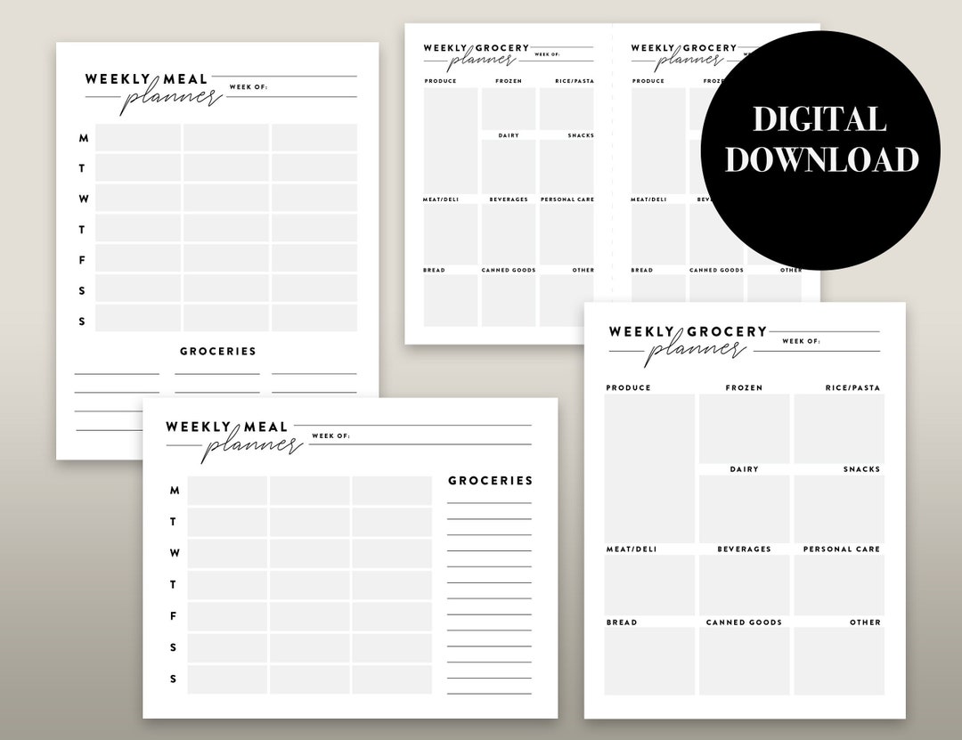 Minimalist Modern Printable Weekly Meal and Grocery Planner - Black and ...