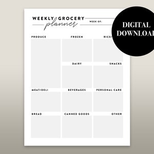 Minimalist Modern Printable Weekly Meal and Grocery Planner - Black and ...